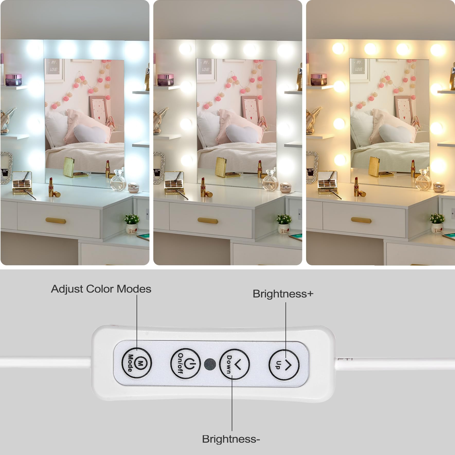 ANWBROAD Makeup Vanity Desk Vanity Set with 10 LED Bulbs Lighted Mirror Makeup Vanity Table Set with Charging Station Nightstand 3 Colors Modes Dimming Cushioned Stool Large Mirror White UBDT53W