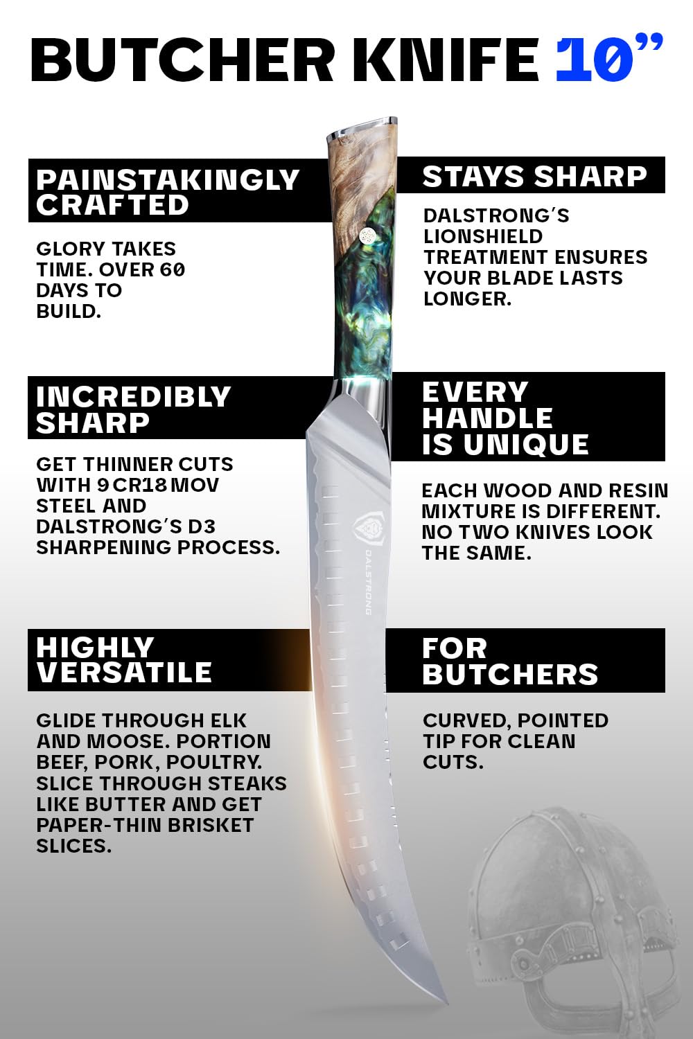Dalstrong Butcher Knife - 10 inch - Valhalla Series - 9CR18MOV HC Steel Kitchen Knife - Celestial Resin & Wood Handle - Razor Sharp Breaking Knife Gift- Heavy Duty - BBQ Meat Slicer - w/Leather Sheath