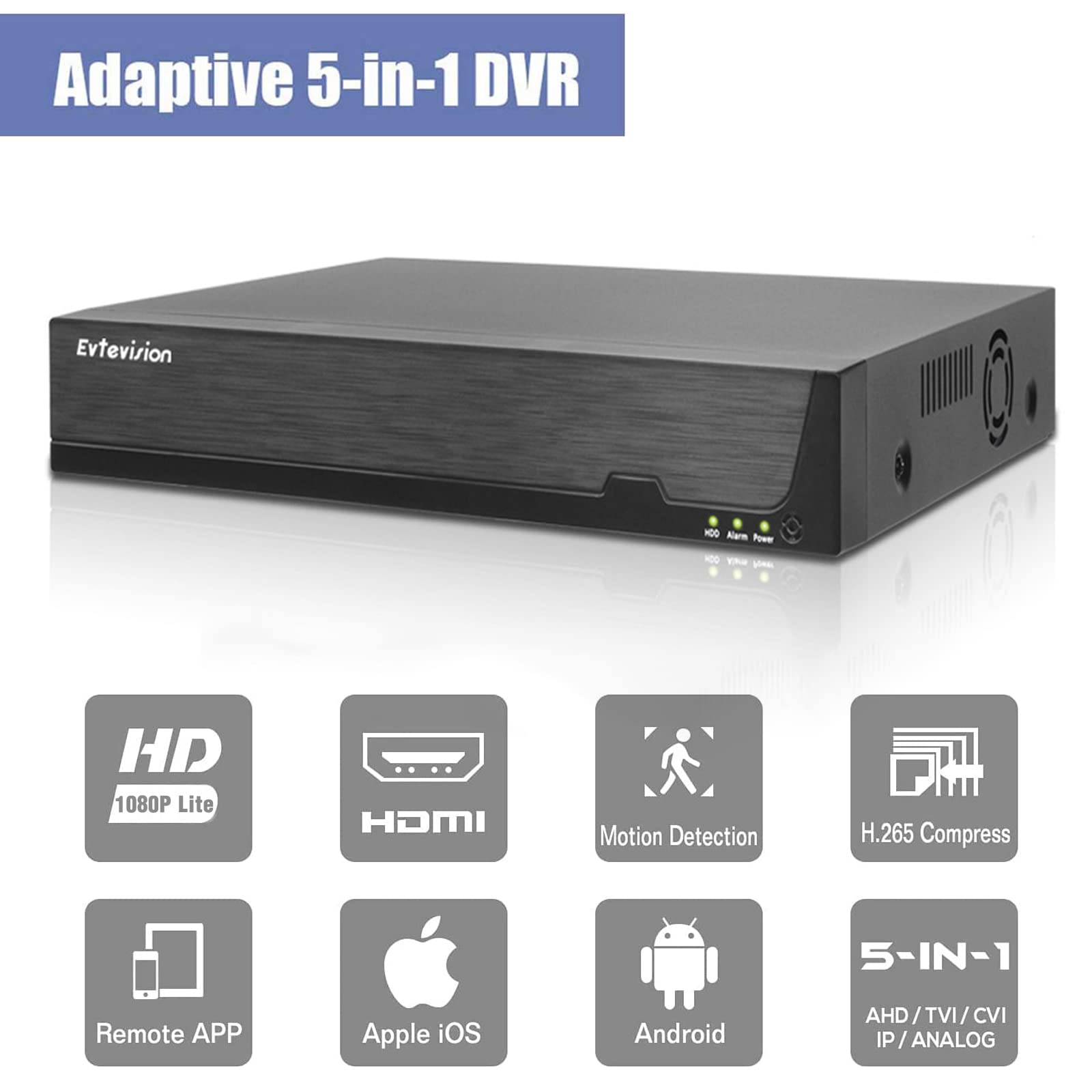 Evtevision 16 Channel Security CCTV DVR,1080p Lite 5-in-1 Hybrid Video Recorder for 2MP AHD TVI CVI CVBS Analog IP Security Cameras,Motion Alerts,Remote Access,NO HDD