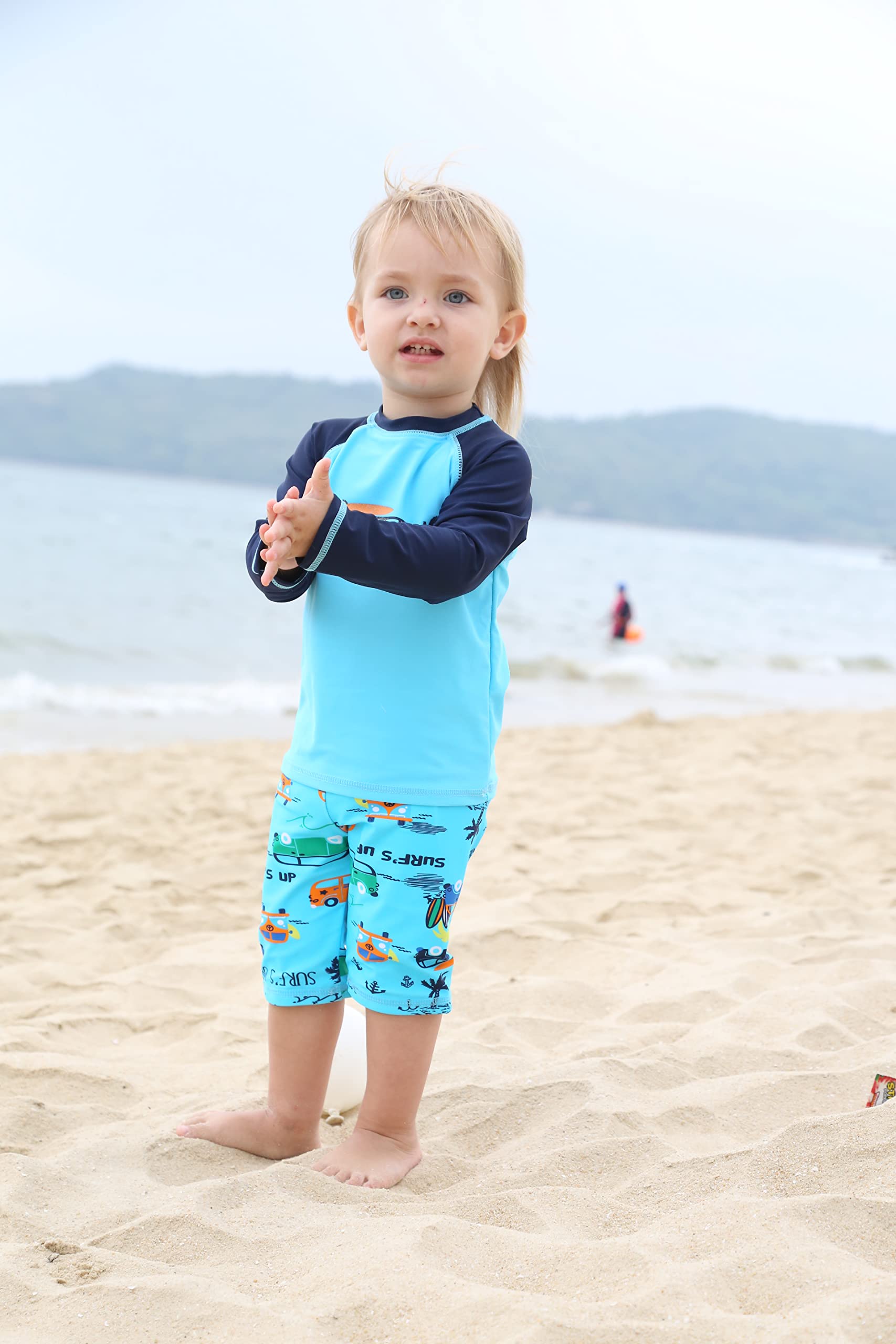 HUAANIUE Baby Toddler Boy Swimsuit Rashguard Set Swimwear UPF 50+ Car 3-4 T