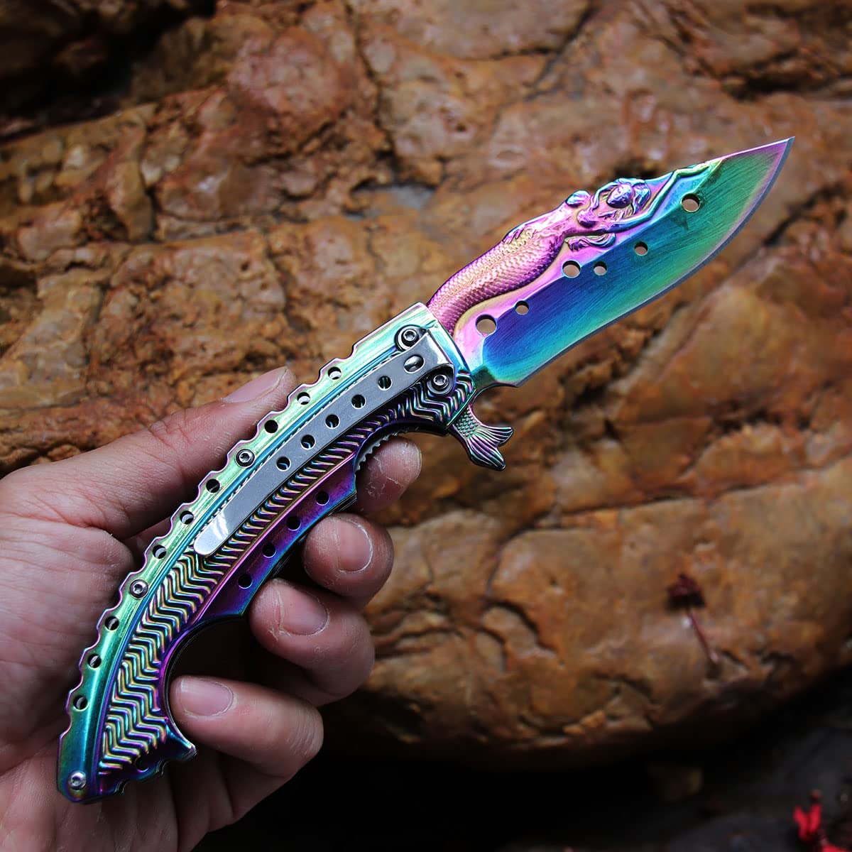 Folding Pocket Knives Mermaid Multi-Function Tools - Spring Assisted Opening Utility Knife - Multi Color Rainbow
