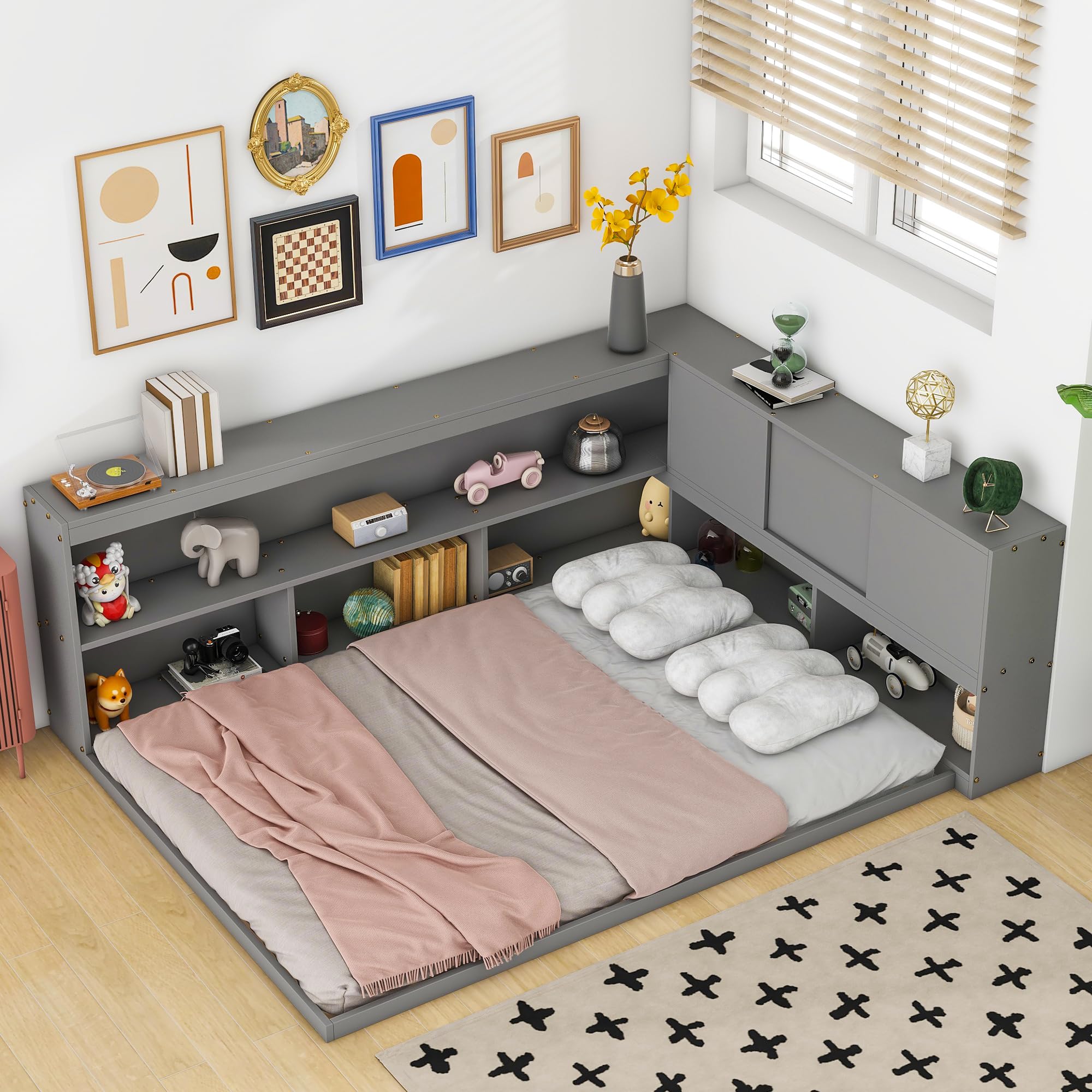 anwickjeff Full Size Floor Bed with L-Shaped Bookcases and Sliding Doors,Wood Platform Bed Frame Corner Bed for Kids,Teens Grey