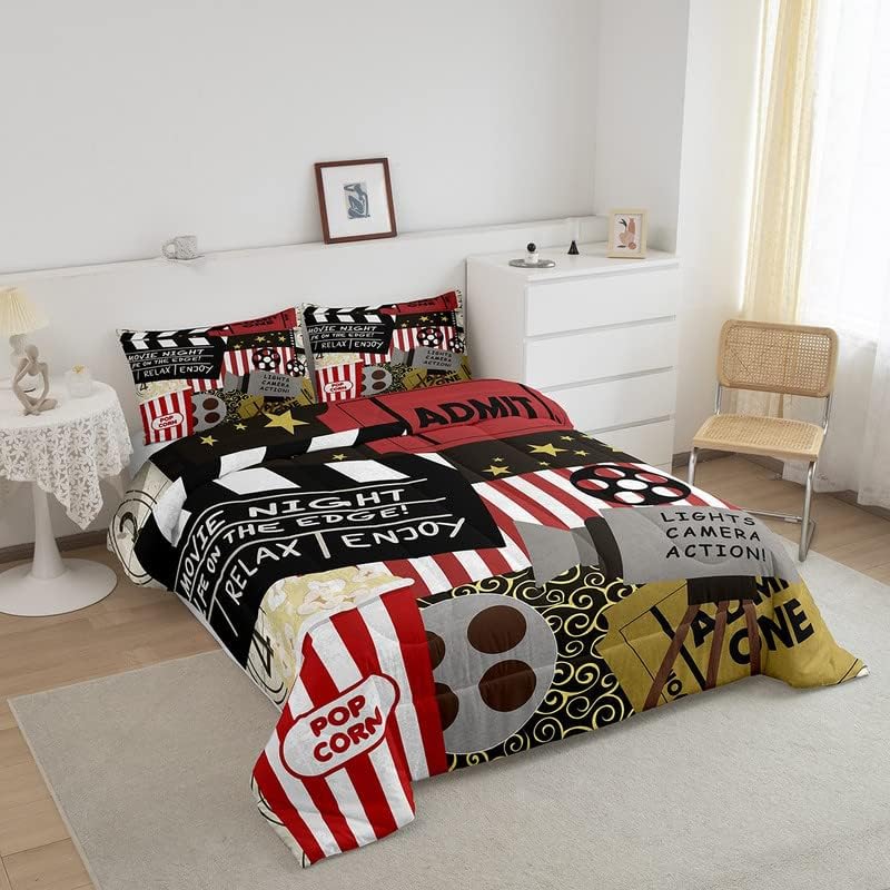 Popcorn Print Comforter Movie Theater Comforter Set Cinema Poster Design Bedding Set for Kids Boys Girls Rustic Wooden Duvet Set Full Size with 2 Pillow Case Boys