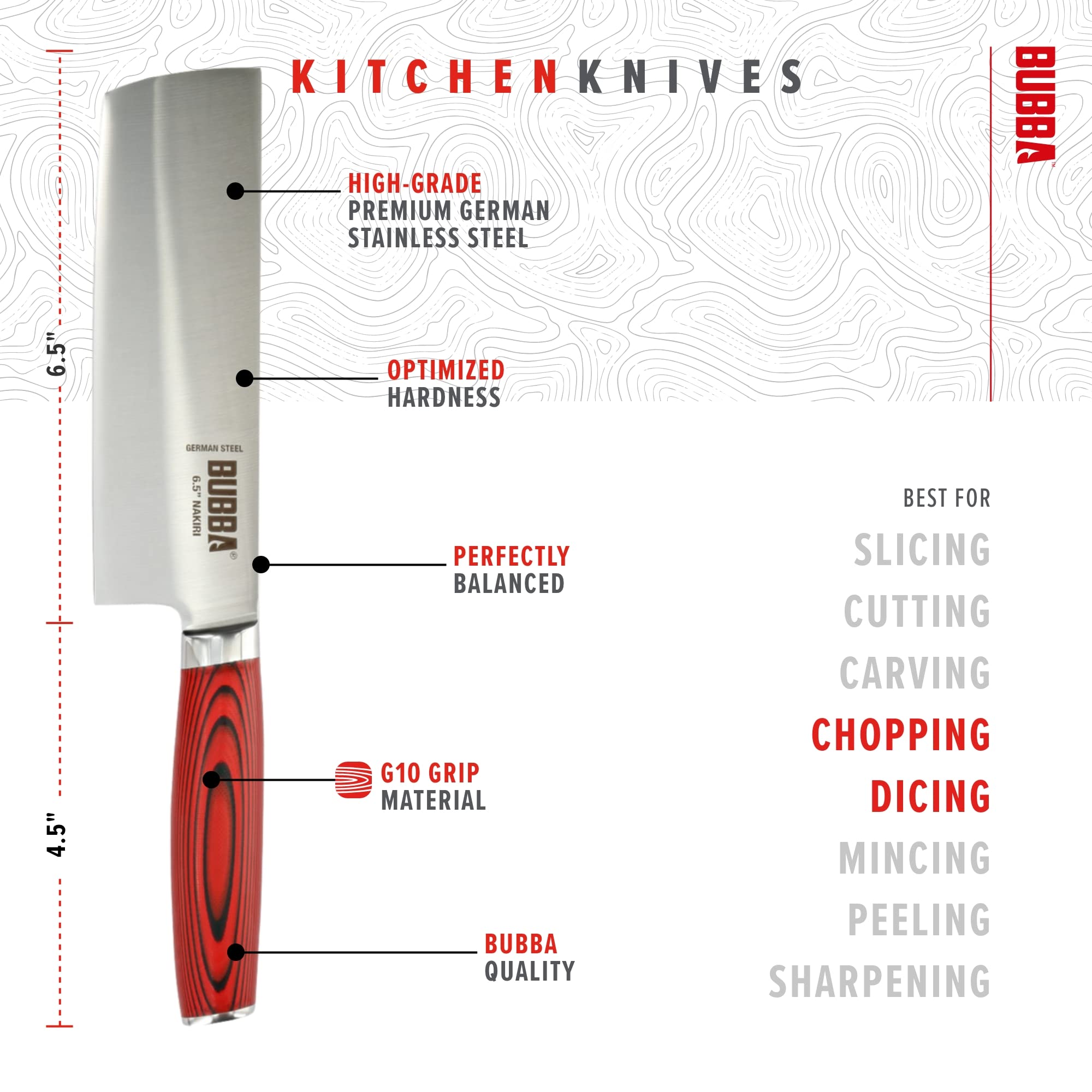 BUBBA Kitchen Series 6.5" Nakiri Knife, an All-Purpose Kitchen Knife for Chopping, Mincing, Slicing, and Dicing with a Premium German Steel Blade for All Your Kitchen Needs