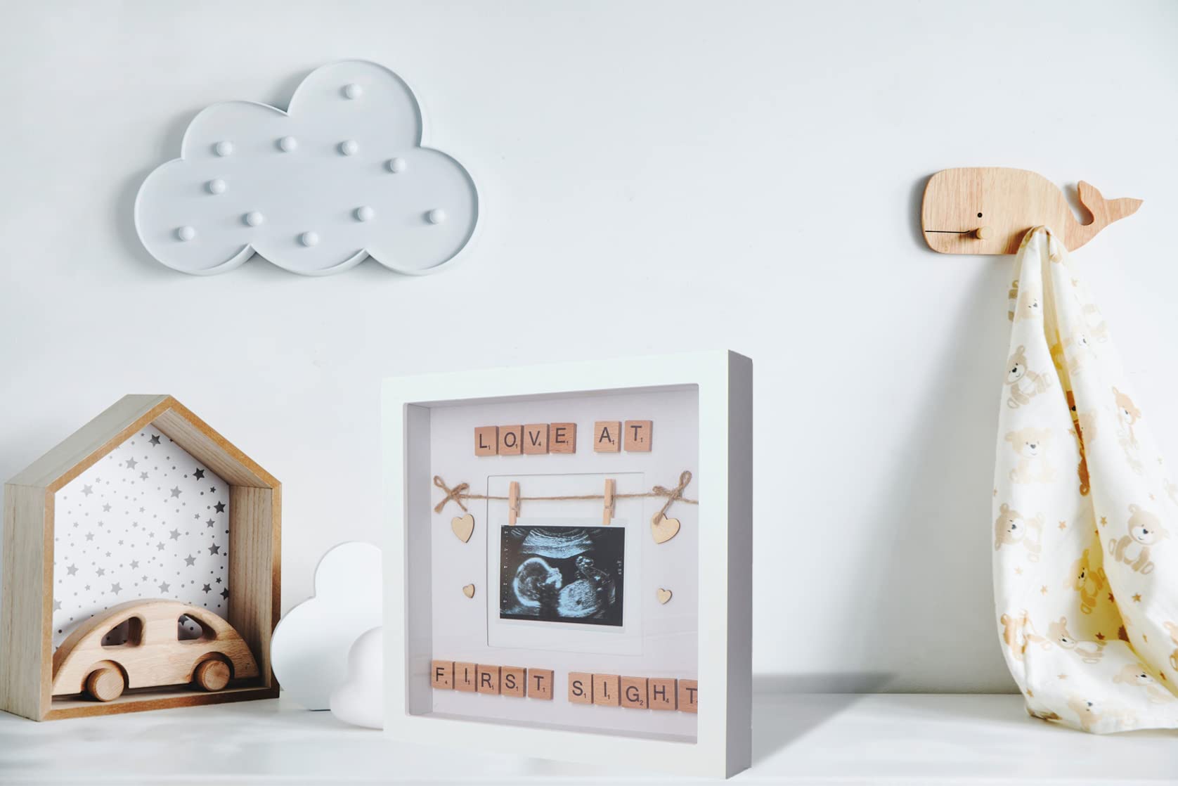 boom moments Sonogram Picture Frame | Scrabble Style Letters | Keepsake Baby Ultrasound Frame | Best Baby Announcement | Love at First Sight (10 x 10 Inches)