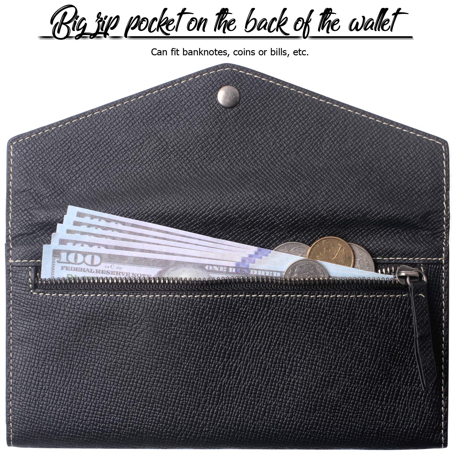 Borgasets Women's Wallet Leather RFID Ultra Thin Envelope Purse Travel Clutch with ID Card Holder and Phone Pocket (Crosshatch Black)