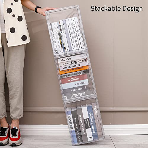 FABROK 2Pcs Clear Book Storage Organizer Box, Plastic Stackable Book Display Case with Magnetic Door, Assemble Storage Showcase for Toy Dolls, Books, Shoes Organizing