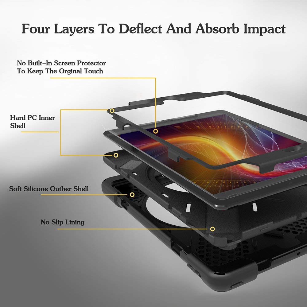 ZenRich iPad 5th/6th Generation Case, iPad 9.7 Case 2017/2018 with Rotatable Kickstand,Hand Strap and Shoulder Strap zenrich Heavy Duty Shockproof Case for A1822/A1823/A1893/A1954,Black
