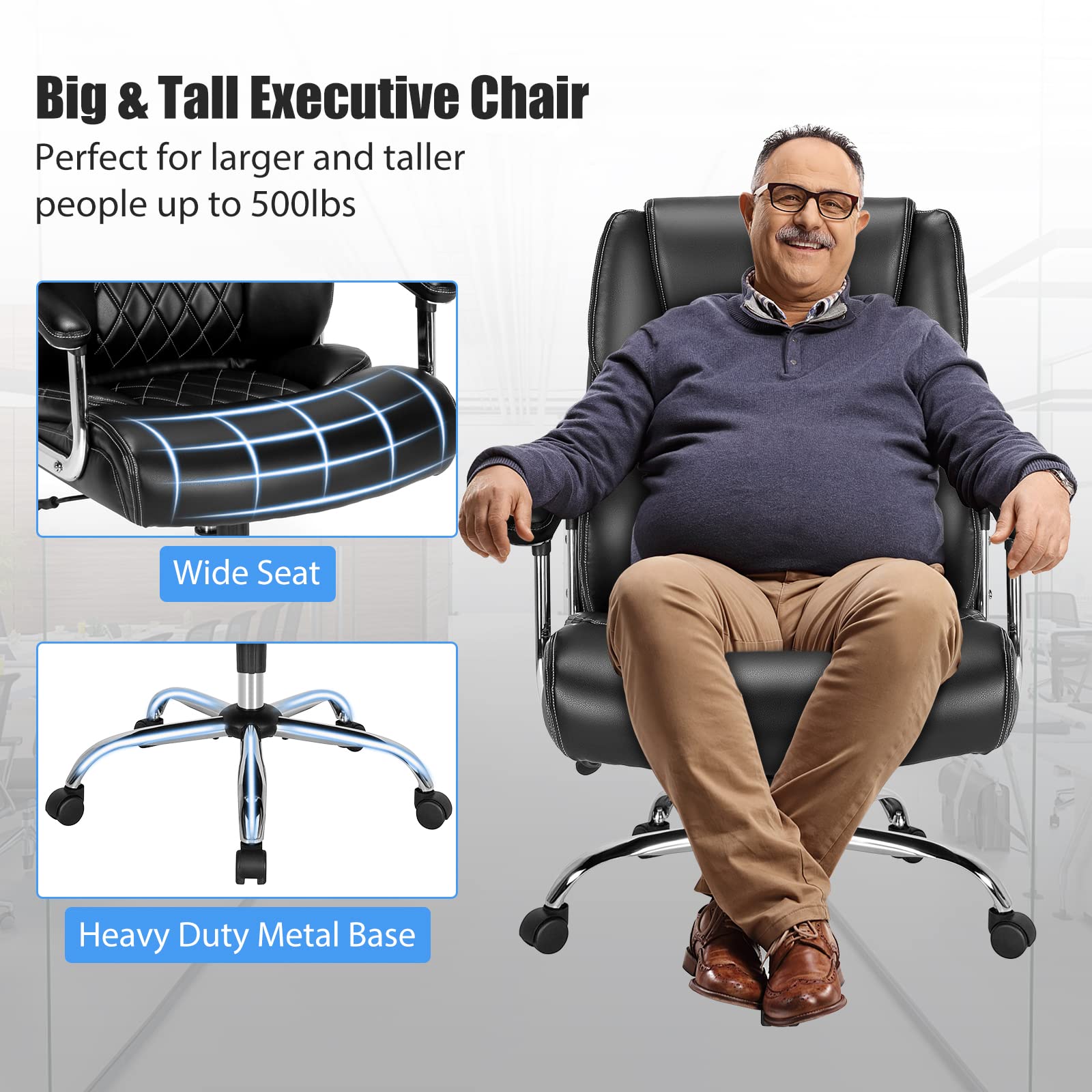 Giantex 500LBS Big and Tall Office Chair, Wide Seat Large Leather Executive Chair w/Heavy Duty Metal Base, Height Adjustable Swivel Computer Task Desk Chair, Padded Armrest, Rocking Backrest (Black)