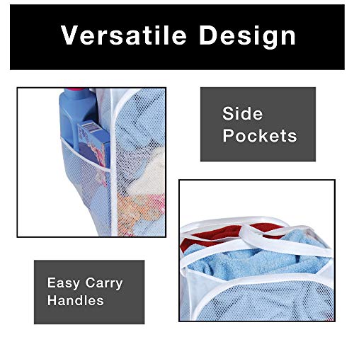 Smart Design Pop Up Laundry Hamper with Easy Carry Handles and Side Pocket - Durable Mesh Fabric - Collapsible Design - Clothes and Laundry - Home Organization - Holds 2 Loads - 13 x 21 Inch - White