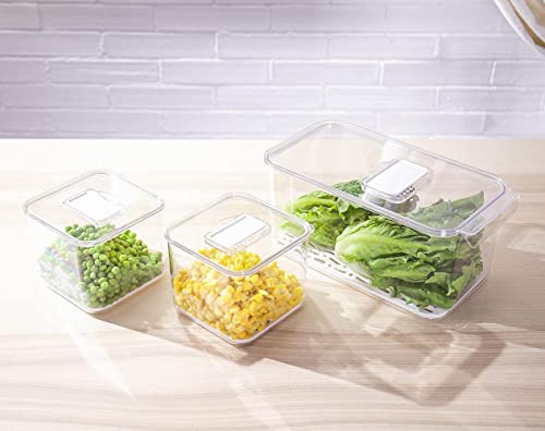 Fridge Storage Containers Produce Saver Stackable Refrigerator Organizer Bins with Removable Drain Tray Fridge Organizer for Fruits and Vegetables 3 Pack