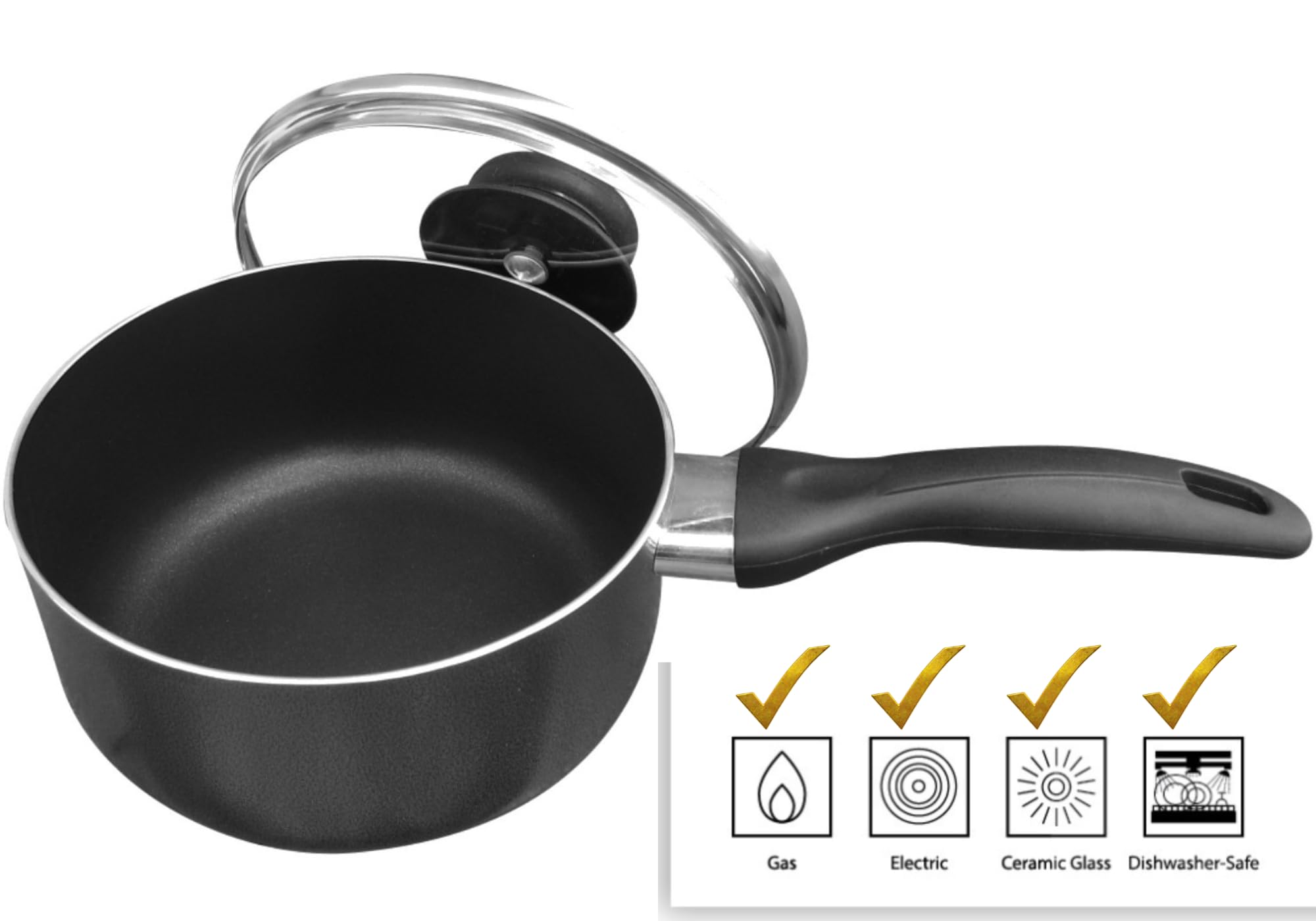 Bene Casa - Non-Stick Aluminum Saucepan with Lid - 2 Qt. Capacity - Oven and Dishwasher Safe - Cool Touch Handle