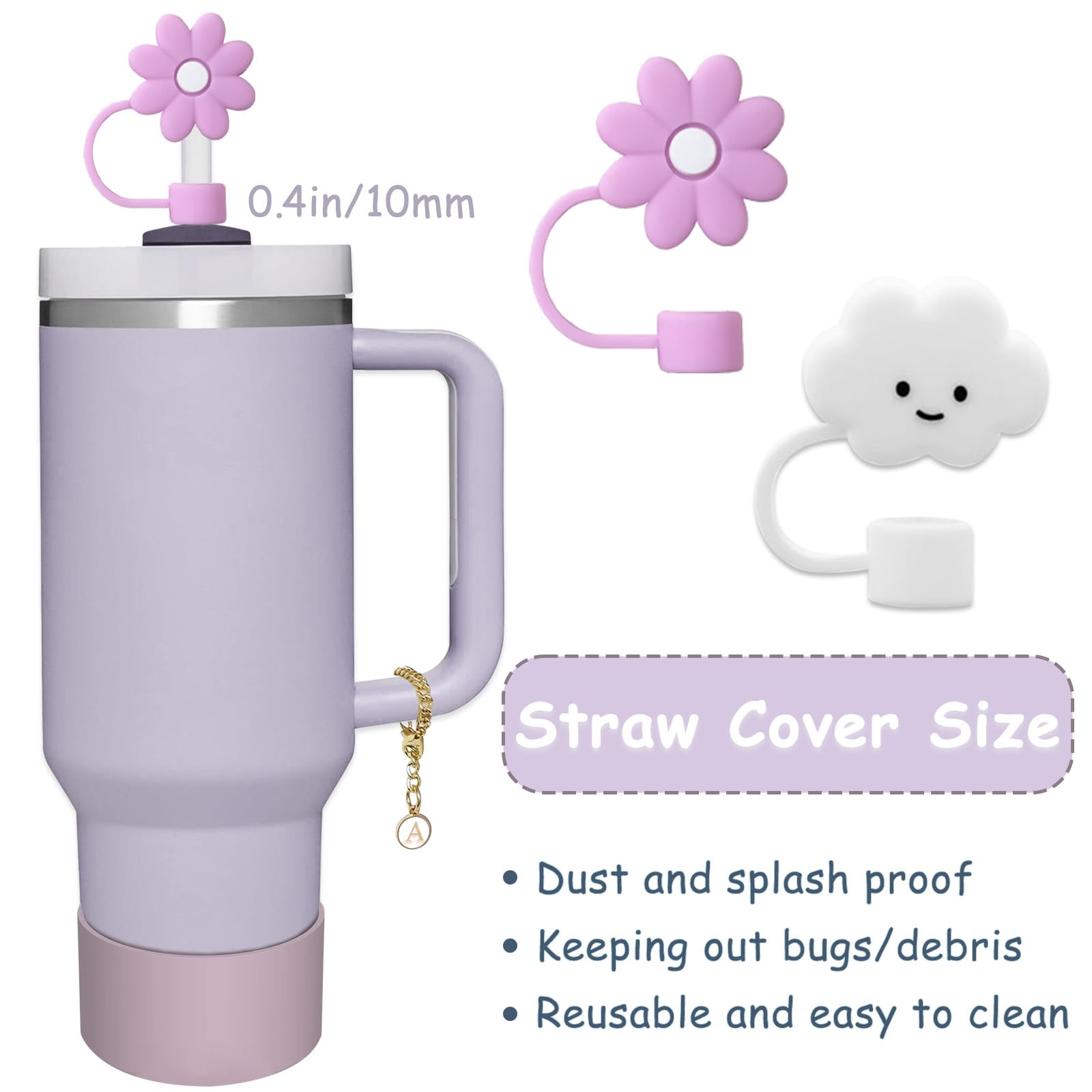 Stanley Cup Accessories Set,Includes 2pcs 0.4in Straw Covers, 1 Spill-Proof Stopper for 6-10mm straw, 1 Name ID LetterA Handle Charm, and 1 Silicone Boot,Fits Stanley 30&40 Oz Tumbler(A)