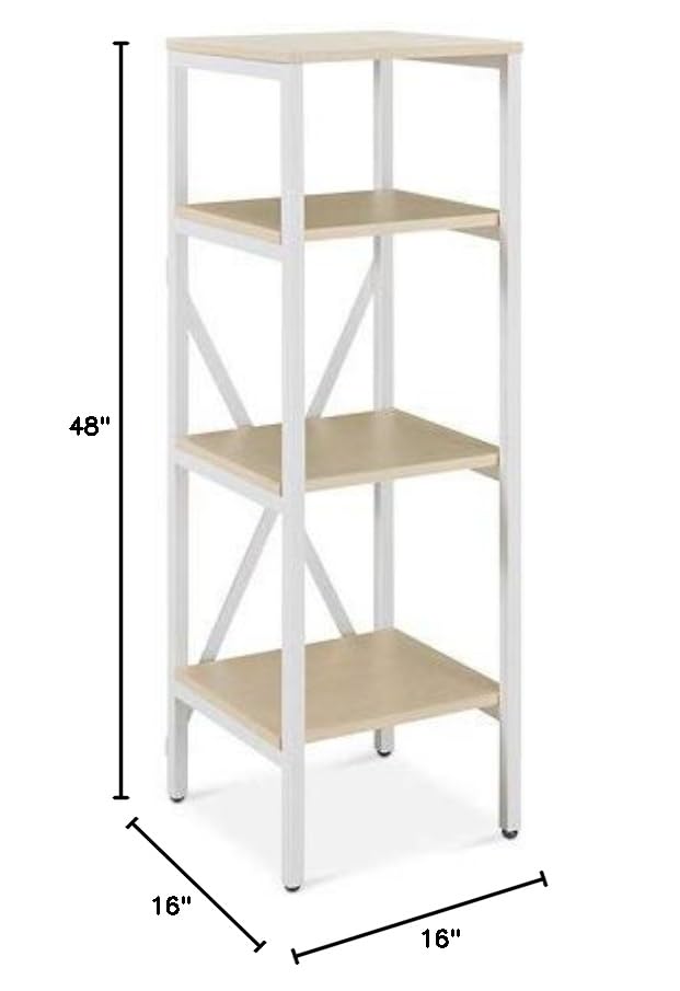 Brite Four Shelf Bookcase 48" H x 16" W x 16" D in Light Maple Laminate and White Metal Frame for Minimalist Bookshelf and Residential Furniture