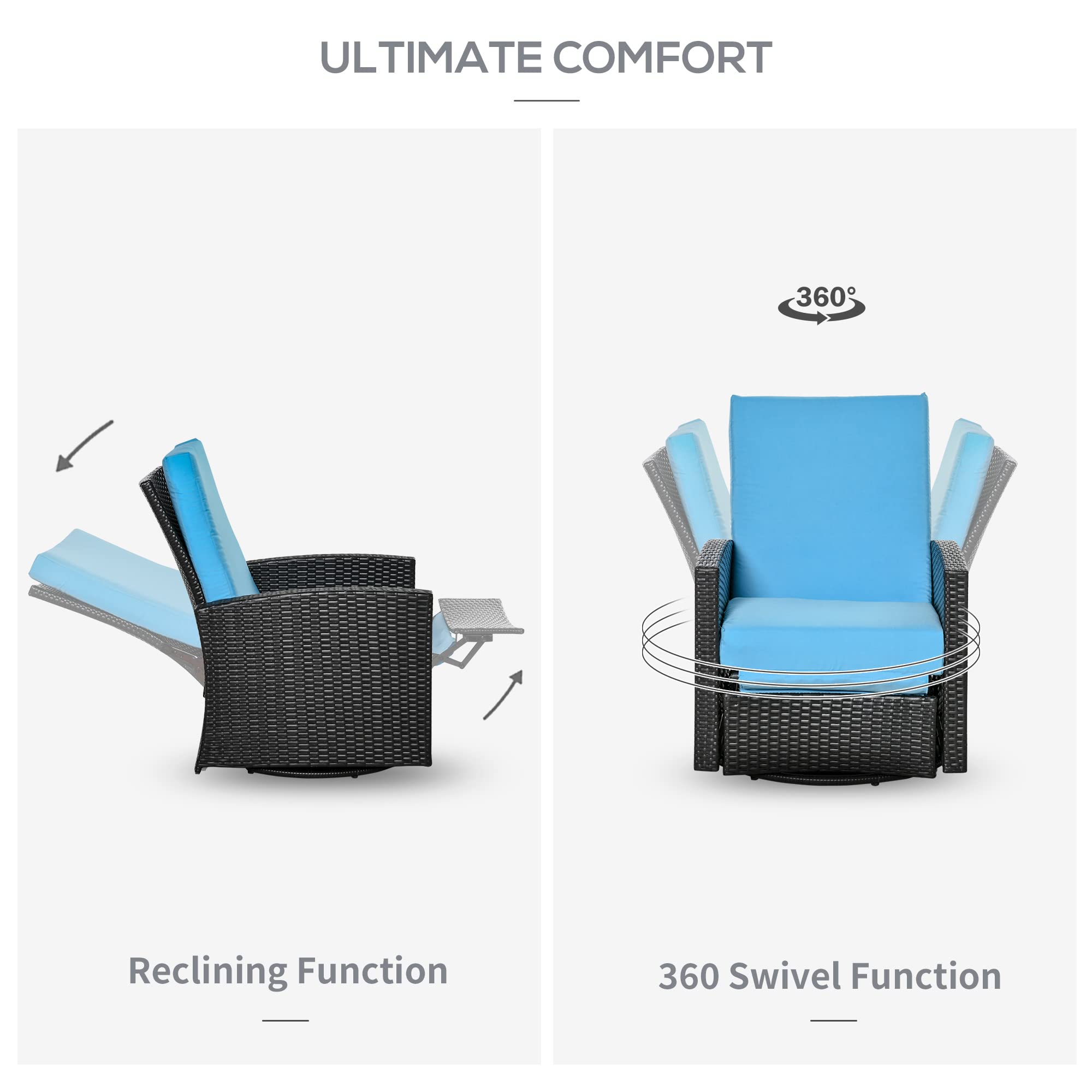Outsunny Outdoor Wicker Swivel Recliner Chair, Reclining Backrest, Lifting Footrest, 360° Rotating Basic, Water Resistant Cushions for Patio, Light Blue