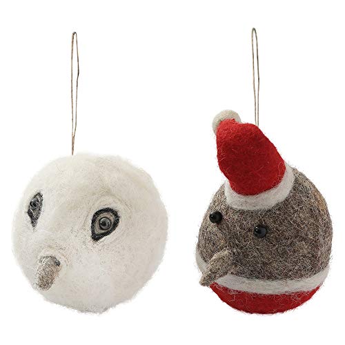 De Kulture Handmade Premium Wool Felt Robin Bird and Owl Bauble Eco Friendly Needle Felted Christmas Xmas Tree Decoration Stuffed Ornament for Home Office Party Holiday Décor, (Set of 2)