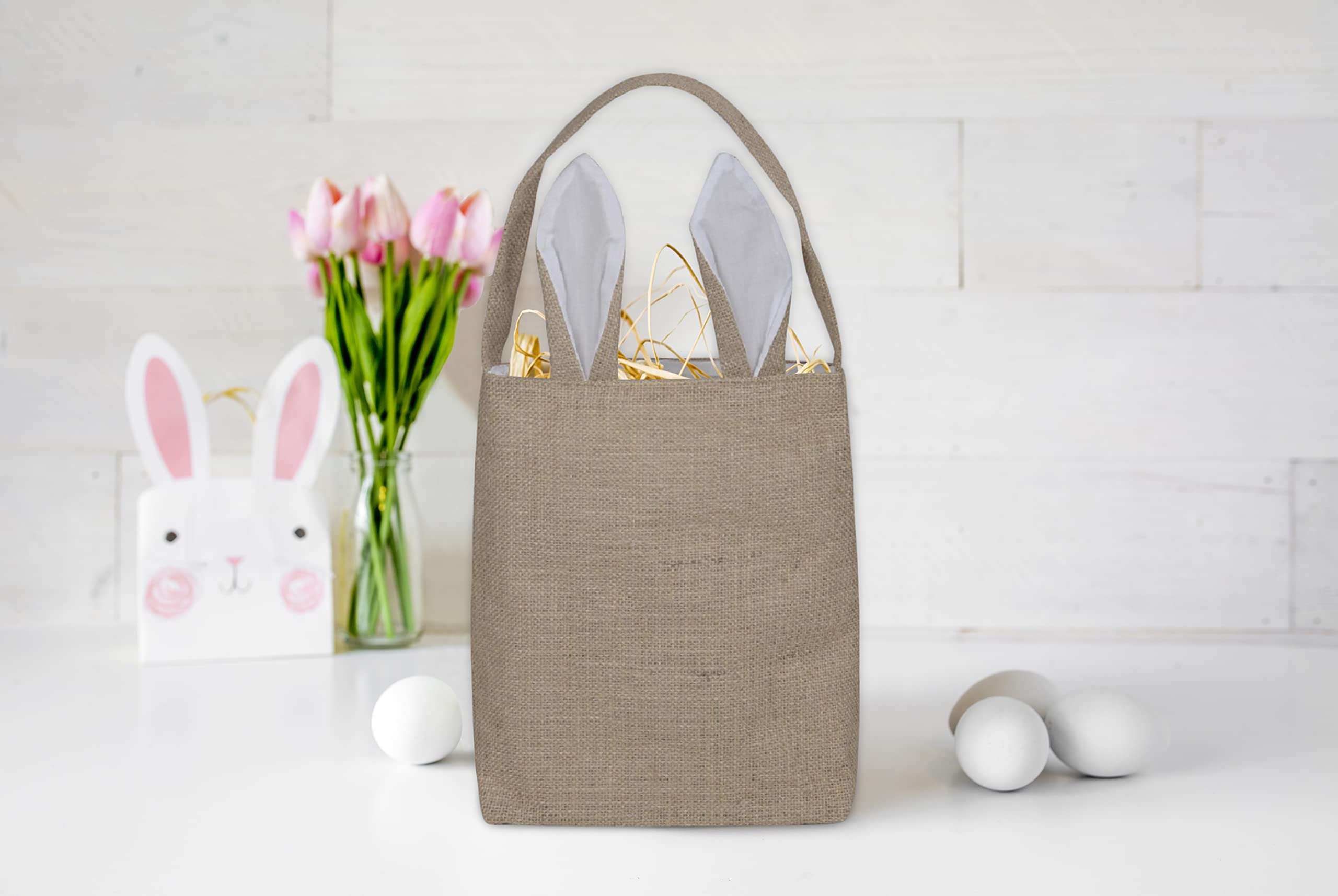 Easter Egg Hunt Basket Bag - Bunny Rabbit Ear Design - Reusable Grocery Shopping Baskets - Kids Party Gift Bags - Baby Shower & Book Storage by Jolly Jon (Burlap/White Ears)