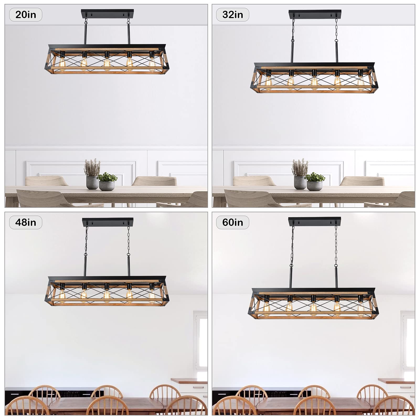 Aivvus 37.8 inch Farmhouse Wood Chandeliers, Rectangle 5 Lights Dining Room Lighting Fixtures Hanging, Kitchen Island Cage Industrial Pendant Light, Rustic Linear Chandelier Ceiling Light, Adjustable
