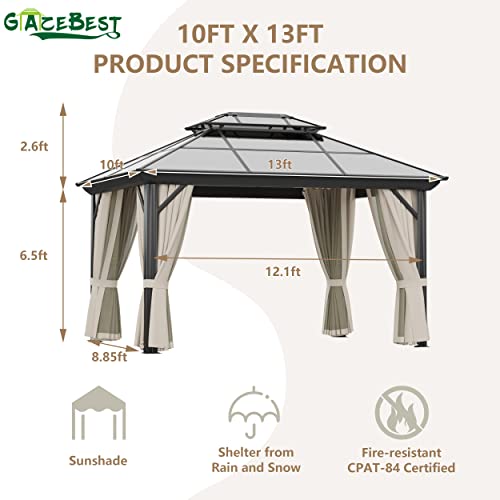 GAZEBEST 10' X 13' Permanent Hardtop Gazebo, Outdoor Polycarbonate Double Roof Pavilion Pergola Canopy with Aluminum Frame and Privacy Curtains for Patio, Garden, Backyard, Lawn