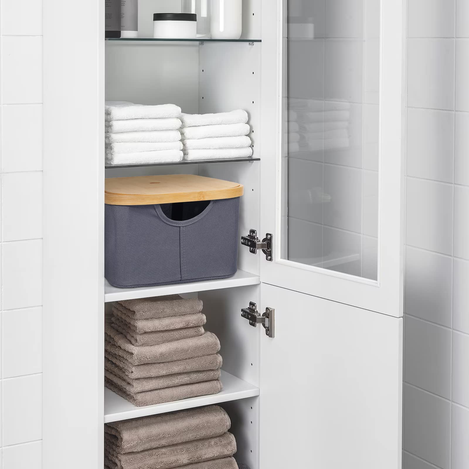 ANMINY Storage Bin with Removable Bamboo Lid Handles Canvas Basket Box Stackable Lidded Closet Cabinet Shelf Cube Foldable Decorative Clothes Organizer Laundry Container - Gray, Large