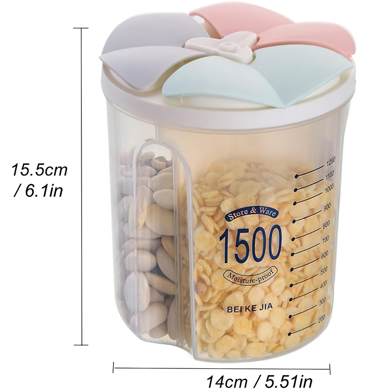 auons Airtight Kitchen Food Storage Container, Leak-Proof BPA Free Plastic Plastic Dry Cereal Dispensers Containers with Durable Lids for Flour, Sugar, Rice (1500ml-3 Grid)