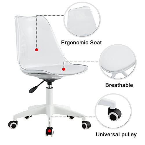 Clear Desk Chair, Plastic Home Office Chair, Acrylic Rolling Chair, Plastic Chairs for Office, Home, Make Up, Small Space, Bed Room (1, Clear/White Base)