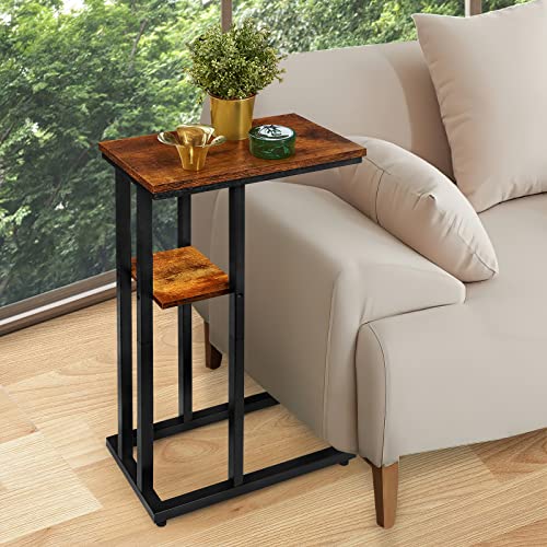 C Shaped Side Table for Sofa, Small Couch End Table for Small Spaces,Skinny Couch Side Tables Slide Under Sofa Bed,Snack Table with Bamboo, Modern Rustic Brown