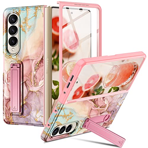 Btscase for Samsung Galaxy Z Fold 4 Case, Built-in Screen Protector with Adjustable Magnetic Kickstand, Full Body Dual Layer Rugged Shockproof Protective Cover for Galaxy Z Fold 4 5G, Rose Gold