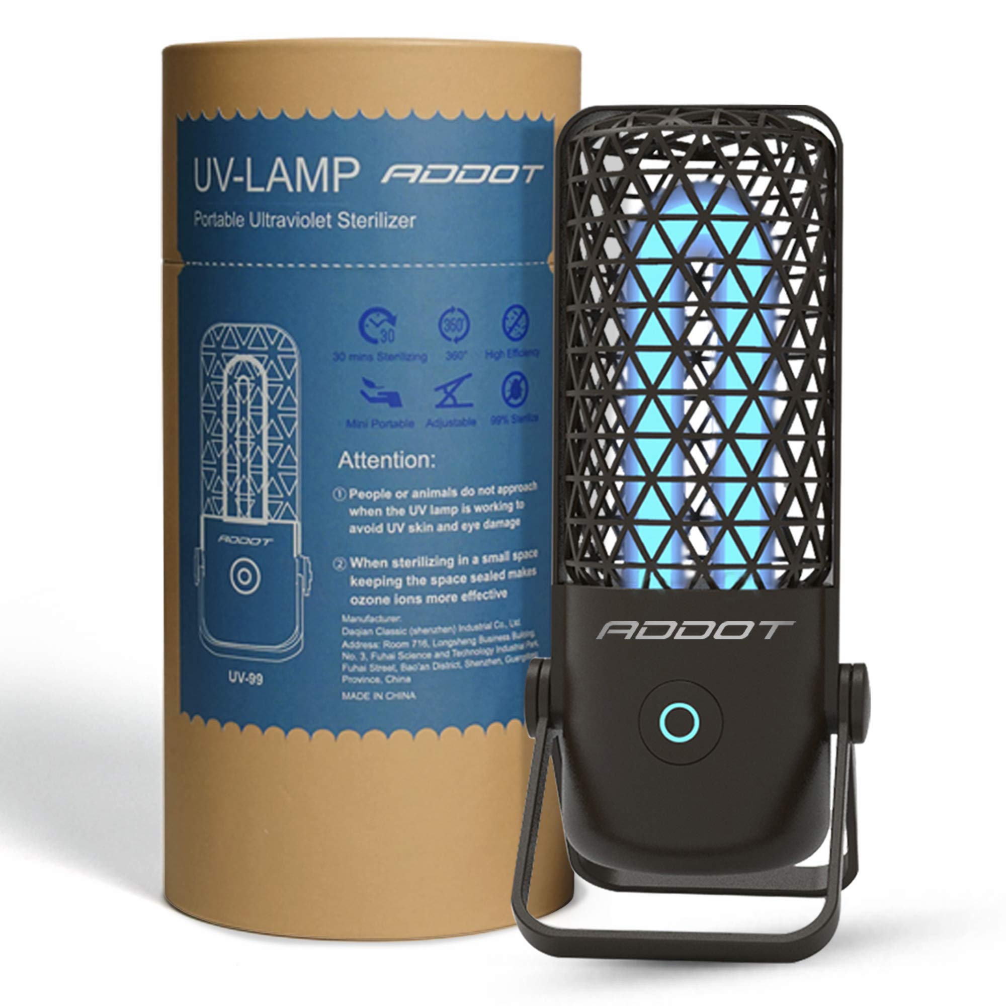 ADDOT Mini Portable UVC, UV Light Sanitizer lamp, Ultraviolet Ozone Double Germicidal Lamp - Sanitize for Small Spaces, Hotels, Kitchen, Car, EPA Registered (Black)