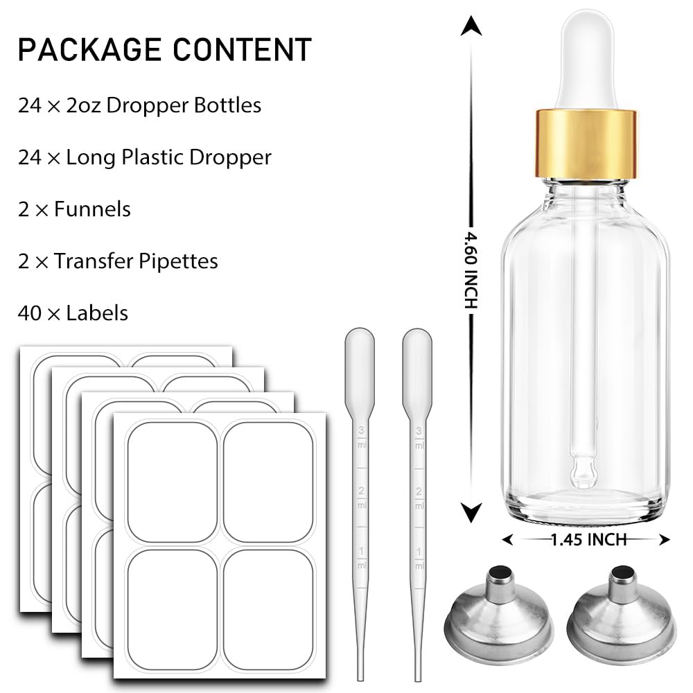 Bumobum 2 oz Dropper Bottle, 24 pack Clear Glass Eye Dropper Bottles with Golden Top Cap for Essential Oils, Tincture Bottle with Labels and Funnel