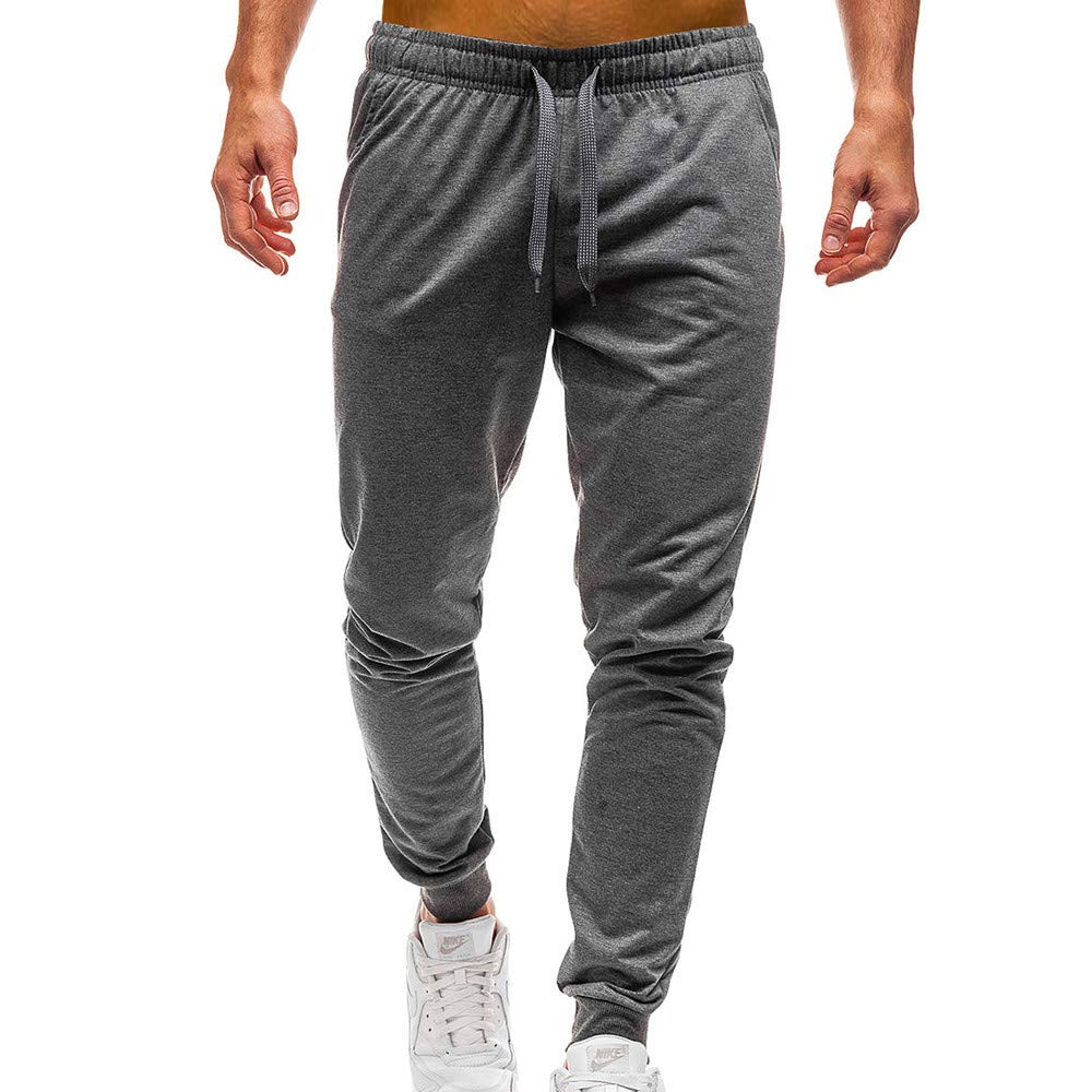 Mens Sweatpants, Men’s Casual Hipper Plain Drawstring Elastic Waist Sports Running Jogger Ankle-Length Trouser Pockets Dark Gray