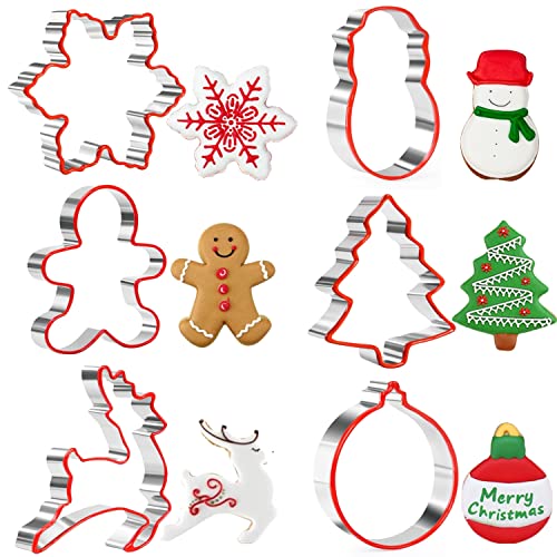Crethinkaty Christmas Cookie Cutter Set for Baking,Stainless Steel Biscuit Cutters with Comfort Grip,6 Pieces Fondant Cutters-Gingerbread Man,Snowflake,Snowman,Christmas Tree,Reindeer,Lantern