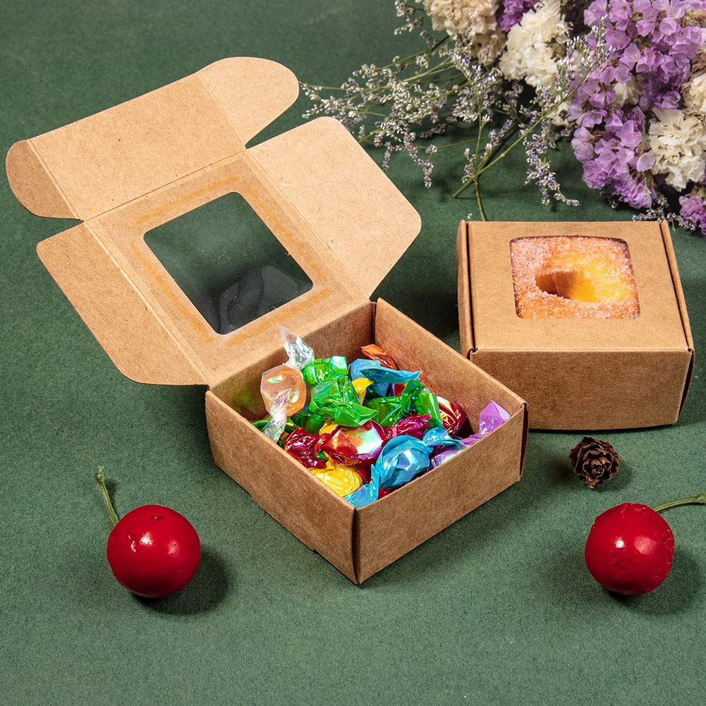 BENECREAT 30 Packs 2.5x2.5x1.2 Square Brown Kraft Paper Boxes Gift Candy Boxes with Clear Window for Wedding Party Favor Treats, Bakery and Jewelry, Festival Gift Packaging