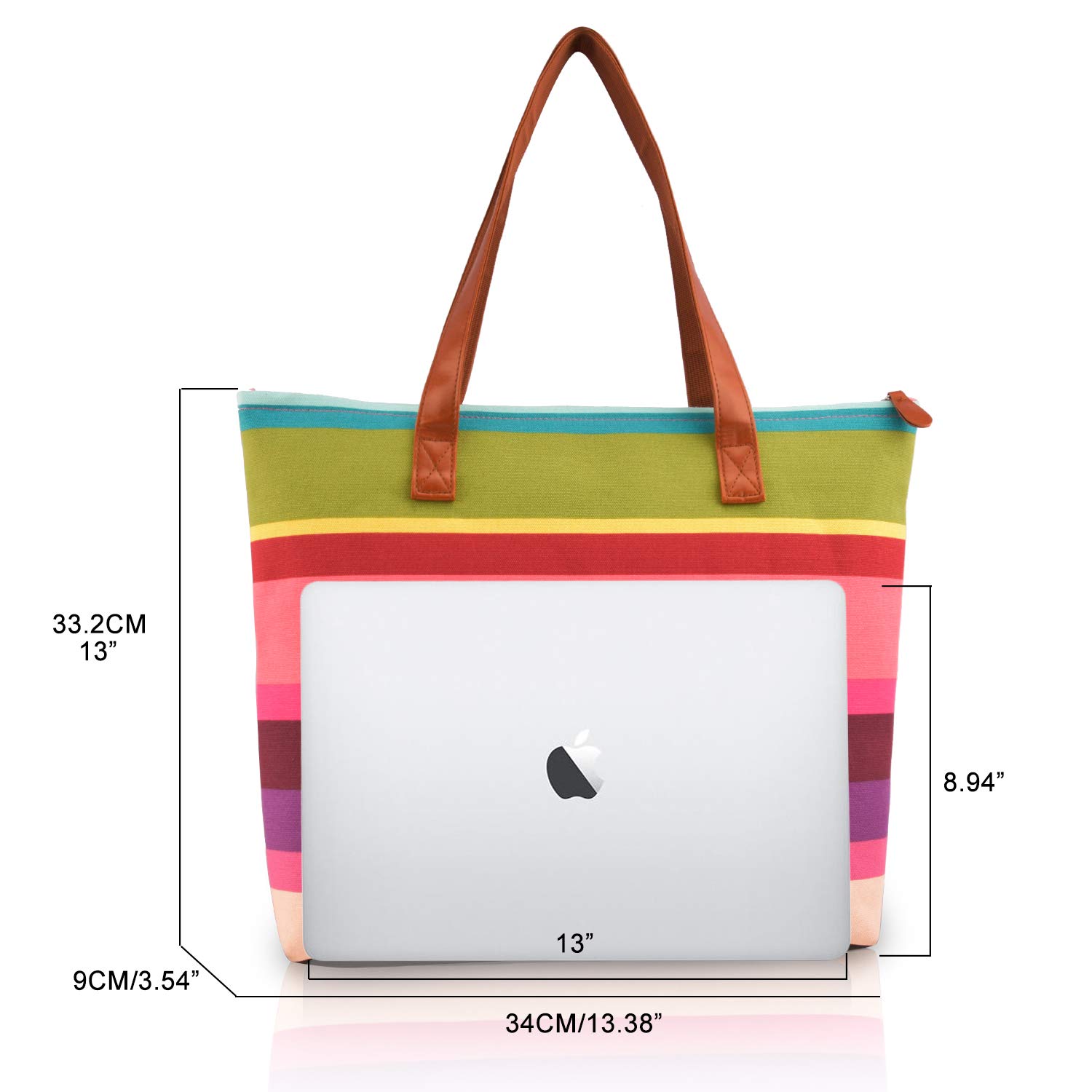 DEMOMENT Canvas Floral Shopping Zip Top Tote Bag GYM Hiking Picnic Travel Beach Pool Shoulder Book Bag (Blue and Rainbow)