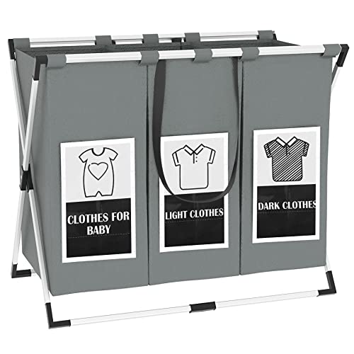 C&AHOME Laundry Basket 3 Sections, 135L Foldable Laundry Hamper Basket Sorter with Waterproof Oxford Bag and Aluminum Frame, Laundry Sorter Storage Dirty Clothes Bag for Bathroom Bedroom, Grey AFLH03G