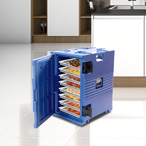 GDAE10 End-Loading Insulated Food Pan Carrier,82Qt/90L Hot Box for Catering, PE Food Box Carrier One-Piece Buckle, Front Loading Food Warmer w/Handles&Wheels, for Restaurant, Canteen, Blue