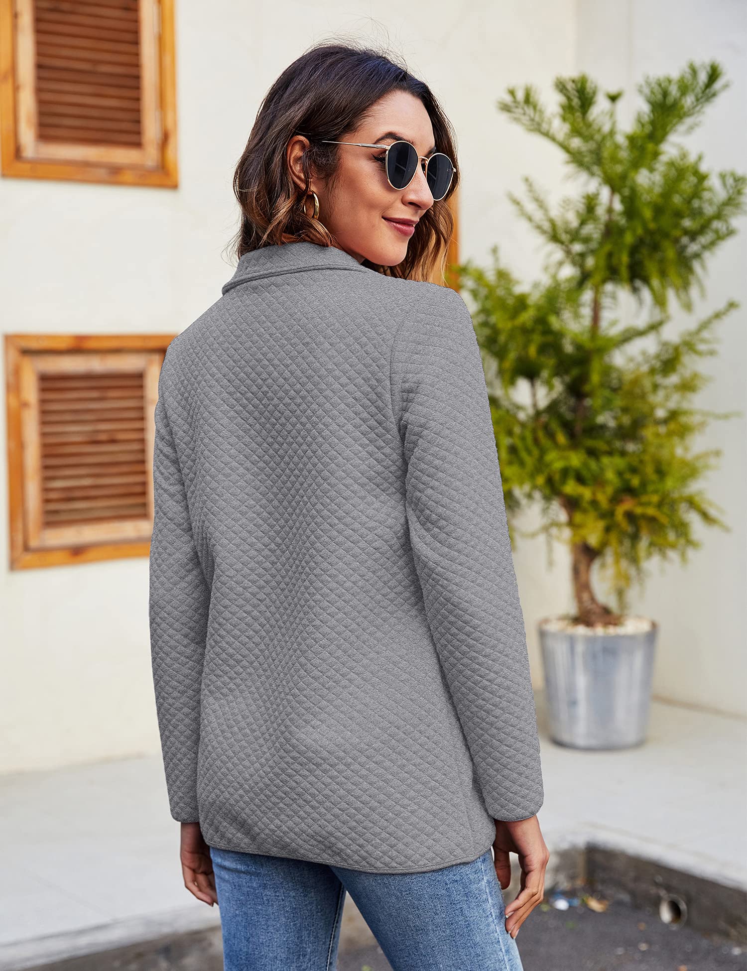 AKEWEI Women Half Zipper Long Sleeve Pullover Quilted Pattern Hoodie Casual Sweatshirt Stand Collar Tops with Pocket Grey S