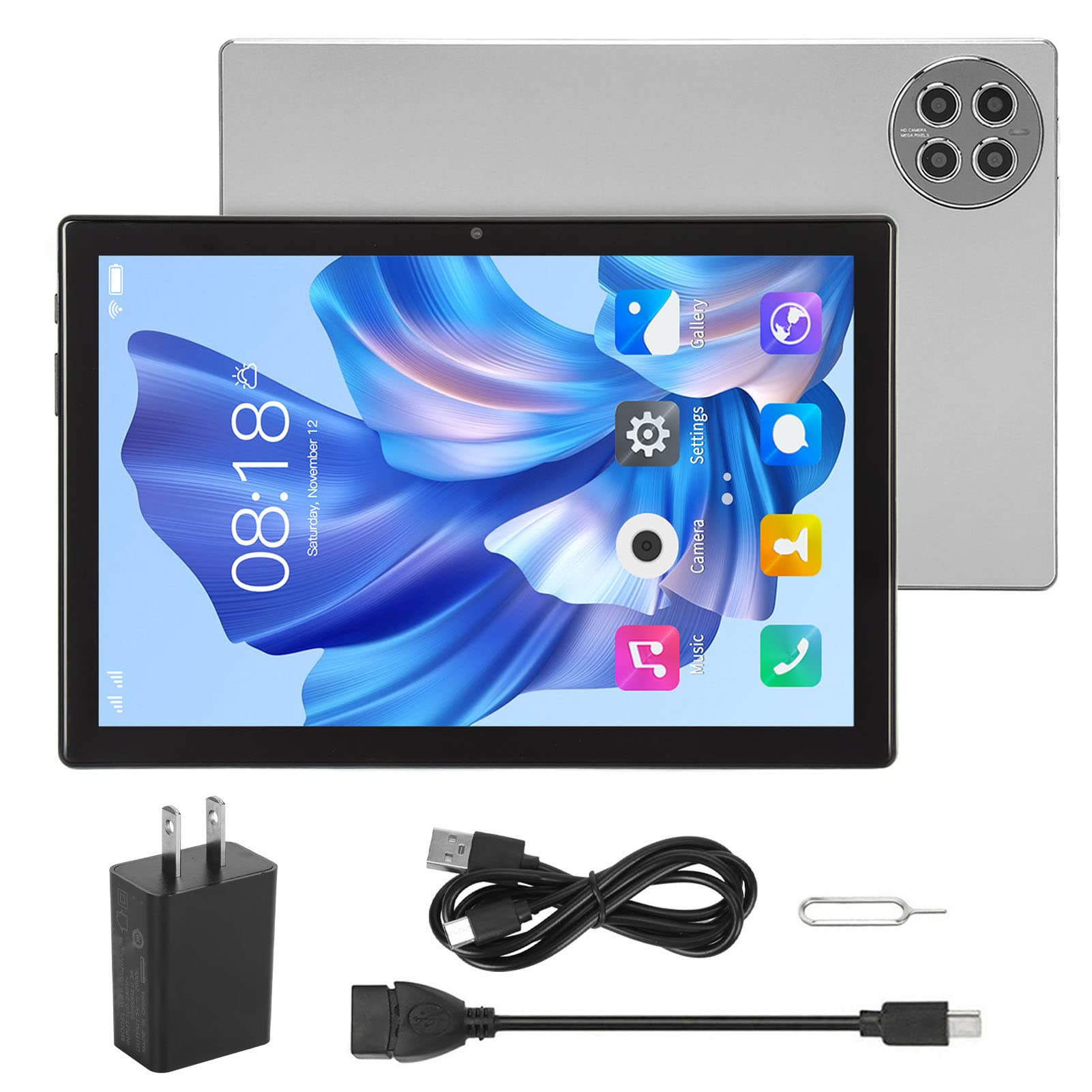 Airshi Smart Tablet, 10in Smart Tablet Octa Core CPU 12GB RAM 256GB ROM Dual Speakers US Plug 100-240V Portable for Office (Gray)
