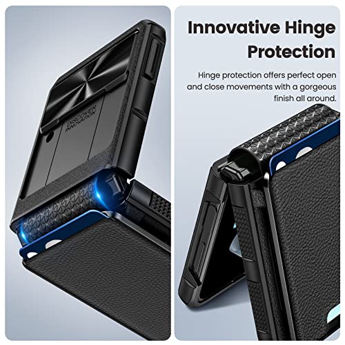 Caka for Z Flip 4 Case Wallet, Samsung Flip 4 Case with Card Holder Built in Camera Cover & Hinge Protection Magnetic Leather Wallet Case for Galaxy Flip 4 Phone Case -Black