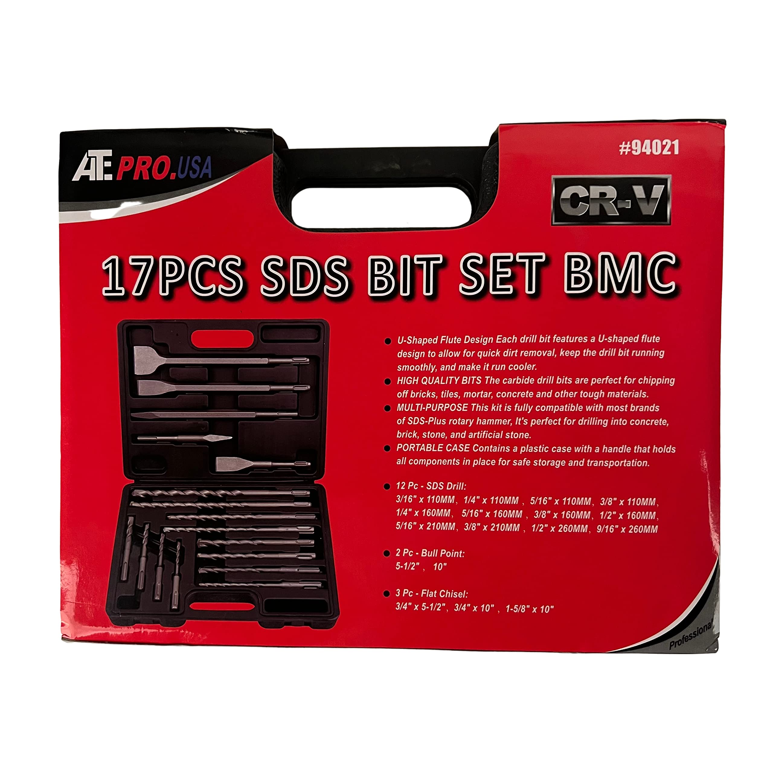 ATE Pro. USA - 17 PC SDS PLUS ROTARY HAMMER BITS DRILL BIT & CHISEL GROOVE CONCRETE - Masonry SDS Plus Drill Bits Set for Brick Cement Stone & Concrete w/ Case- SDS Plus Shank Fits Rotary Hammer