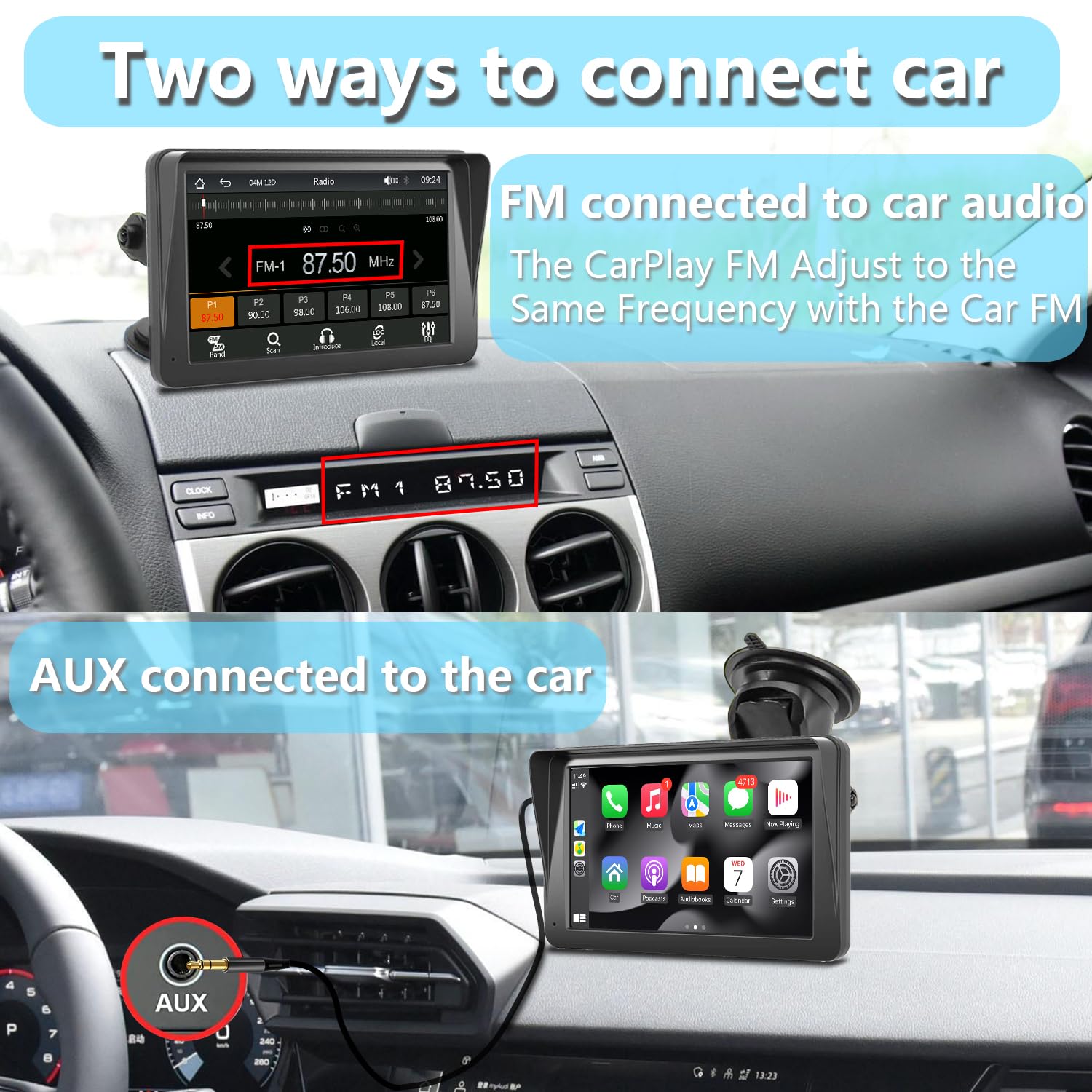 7" HD Car Stereo,Portable Wireless Touch Screen Apple CarPlay and Android Auto Automatic Multimedia Player,Car Stereo with Mirror Link/Siri/Bluetooth/Navigation Screen for All Vehicles