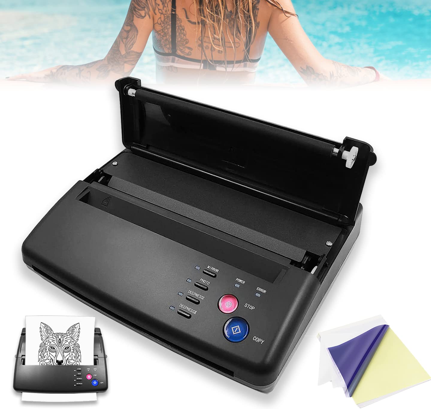 Atelics Tattoo Transfer Stencil Machine Thermal Copier Printer, with 20 Pcs Transfer Paper, Tattoo Stencil Printer Tattoo for Temporary and Permanent Tattoos, Black