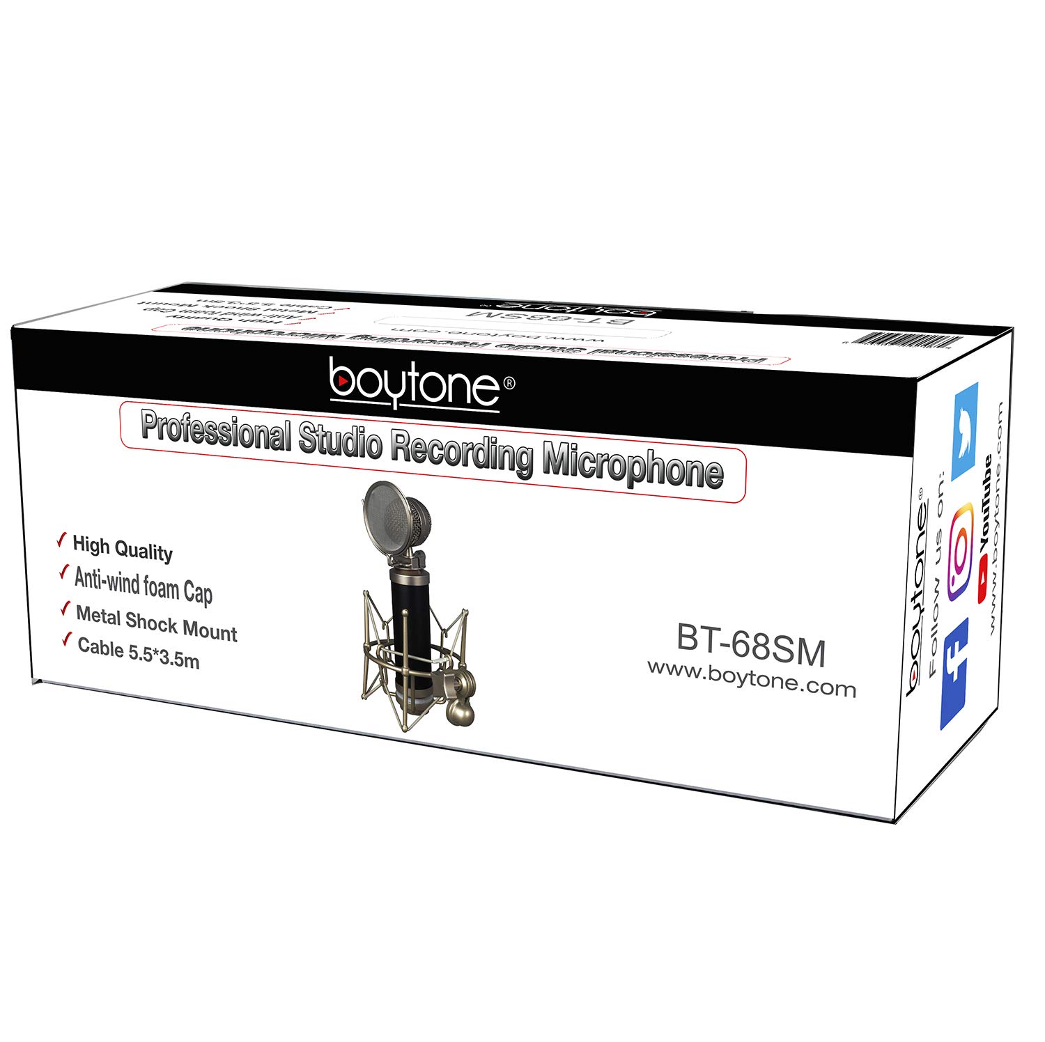 Boytone, Professional Studio Recording Podcast Condenser, Metal Shock Mount, Anti-Wind Cap (BT-68SM)