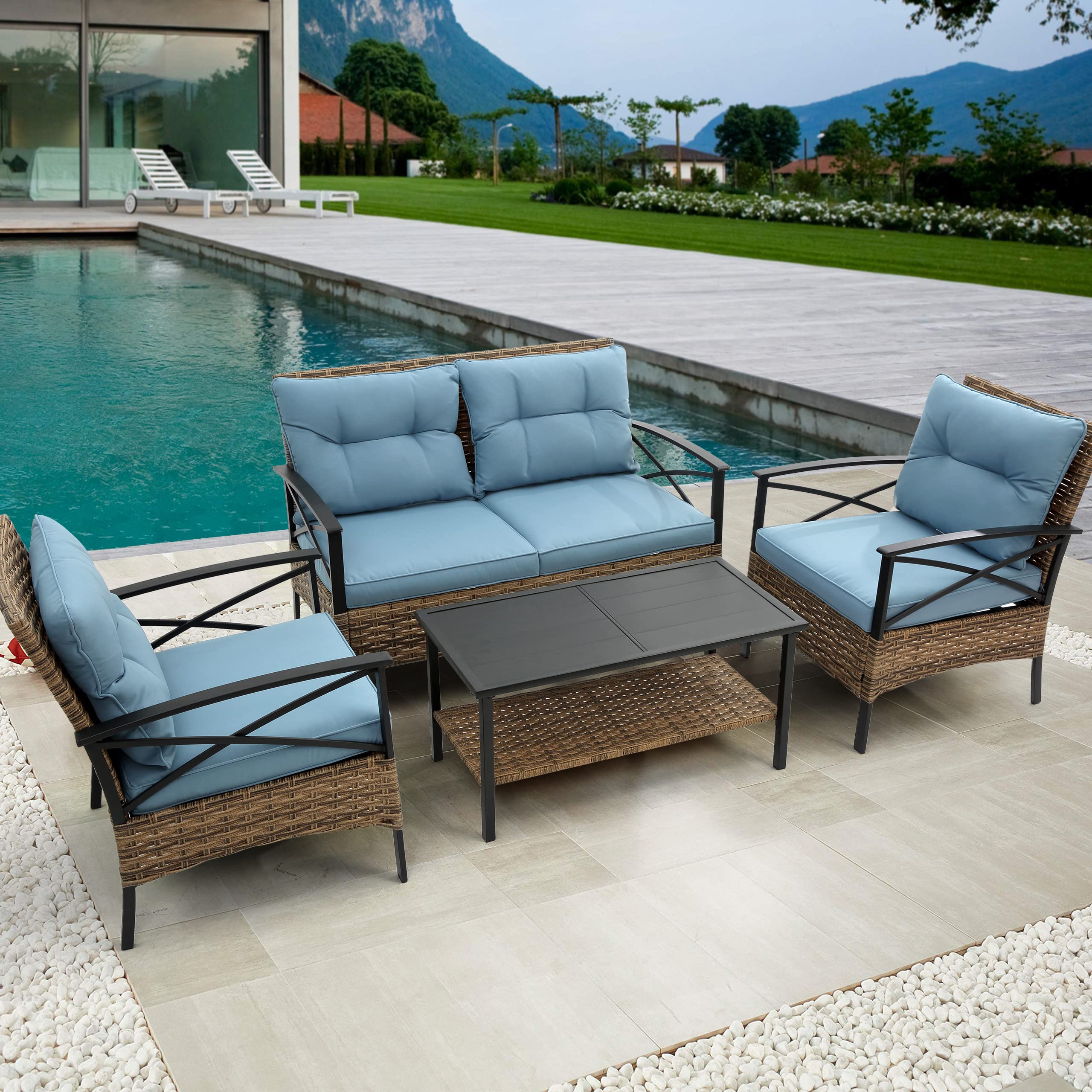 Hlcodca Outdoor Patio Furniture Sectional Sofa Set,4-Piece Rattan Wicker Dining Conversation Patio Set with Cushion & Table for Porch Yard Pool or Backyard (Blue/Garden@)