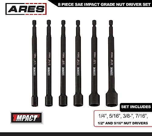 ARES 70650-6-Piece SAE Magnetic Impact Nut Driver Bit Set - Impact Grade Nut Setters with Industrial Strength Magnets