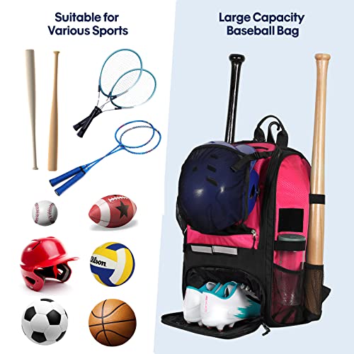 Baseball Softball Bag for Girls and Adults, Baseball Bag with Separate Shoe Compartment, Large Baseball Backpack, Softball Backpack with Fence Hook, Baseball Bat Bag with 4 Side Sleeves Pink