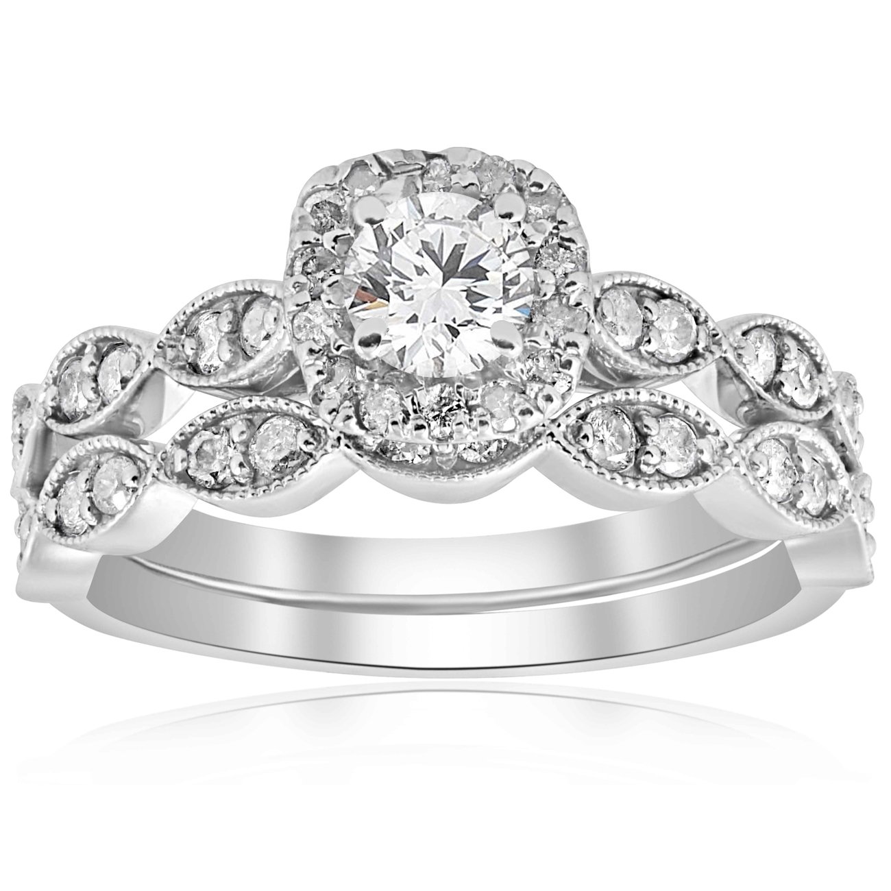 7/8 cttw Cushion Halo Diamond Engagement Wedding Ring Set 14k White Gold Vintage - Size 7.5