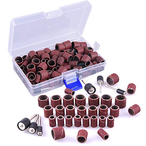 AUSTOR Aluminum Oxide Sanding Drum Set with Free Box Including 120 Pieces Drum Sander Sanding Sleeves and 12 Pieces Drum Mandrels for Dremel Rotary Tool, 132 Pieces