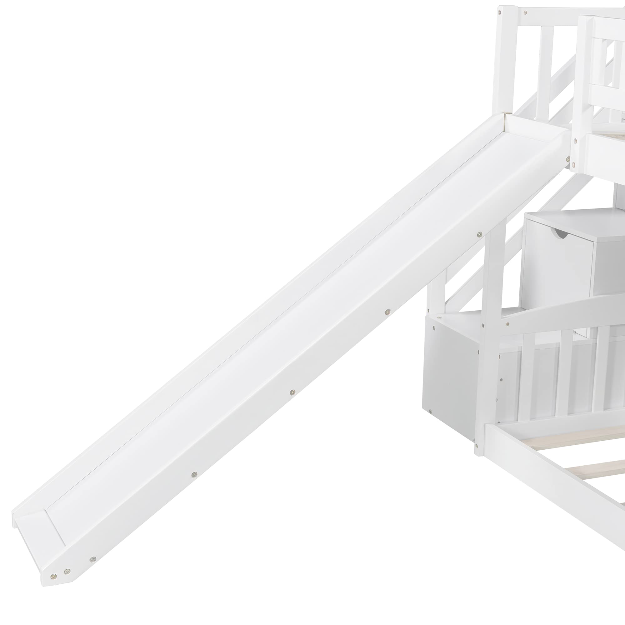 Harper & Bright Designs Twin Over Twin Bunk Bed with Slide and Guardrail, Floor Bunk Bed with Stairway/Two Drawers/Handrail, Space-Saving Bedroom Dormitory Furniture (White)