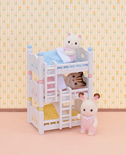 Calico Critters Triple Baby Bunk Beds, Dollhouse Toy Furniture, Multicolor, basic (CC2624), Set includes three beds, three mattresses with pillows, three blankets and two ladders